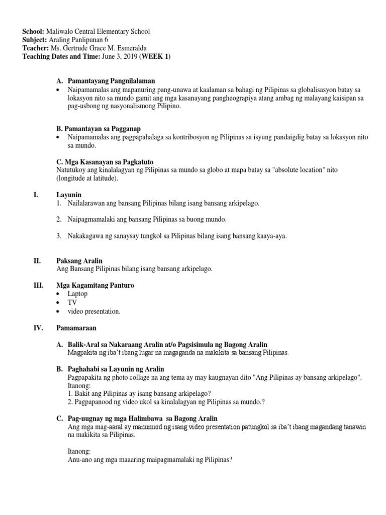 Araling Panlipunan 6 Lesson Plan | PDF