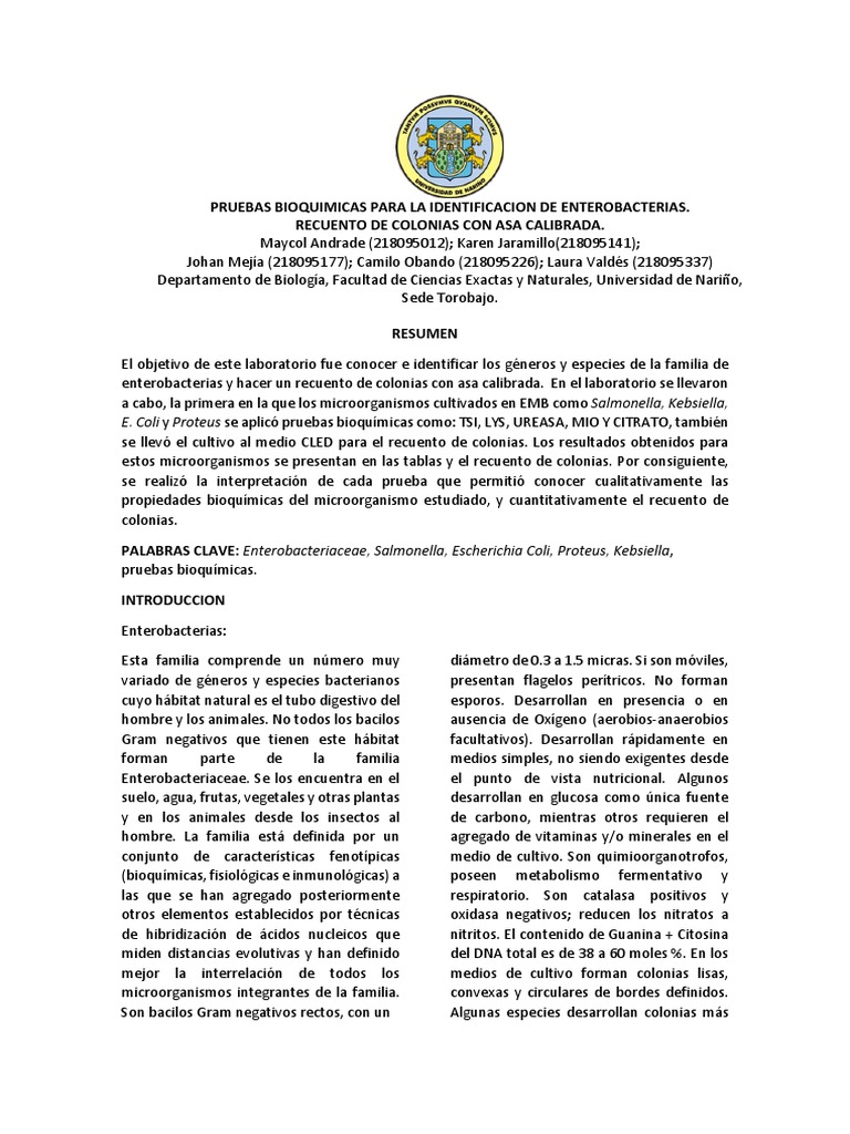 Pruebas Bioquimicas para La Identificacion de Enterobacterias | PDF | Escherichia coli | Las ...