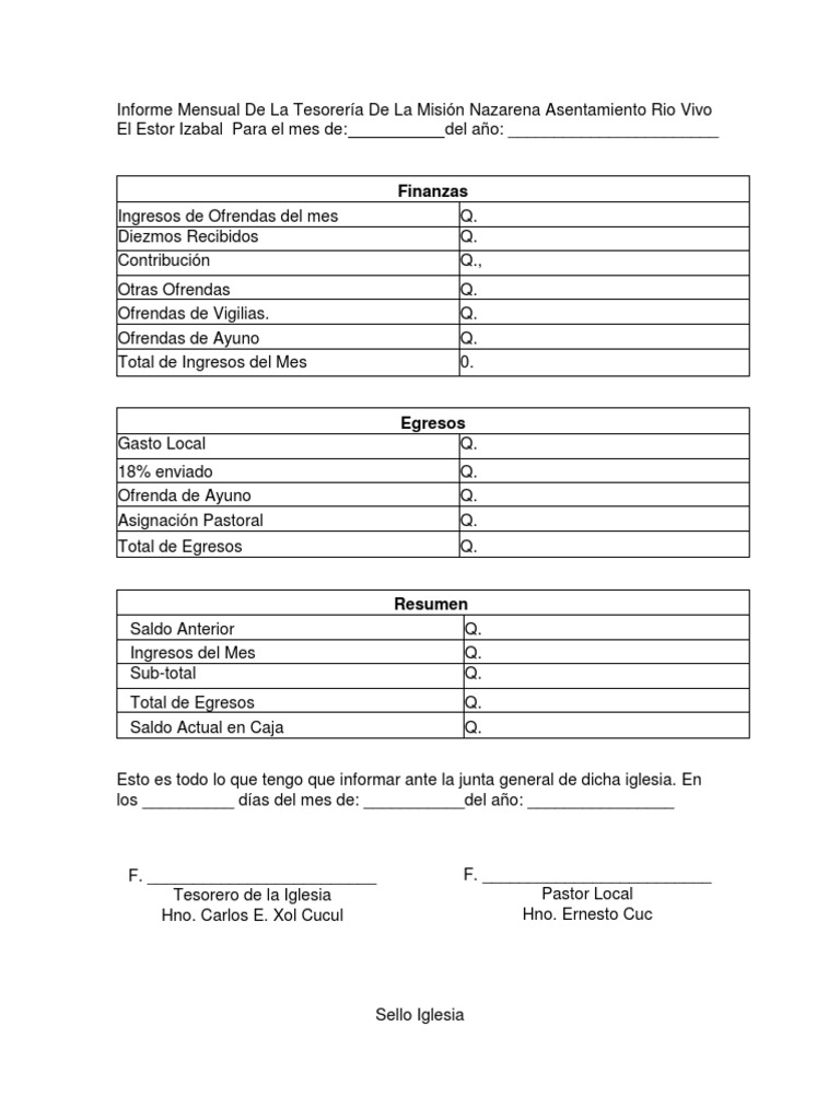 Informe Mensual de La Tesorería de La Misión Nazarena Asentamiento Rio ...