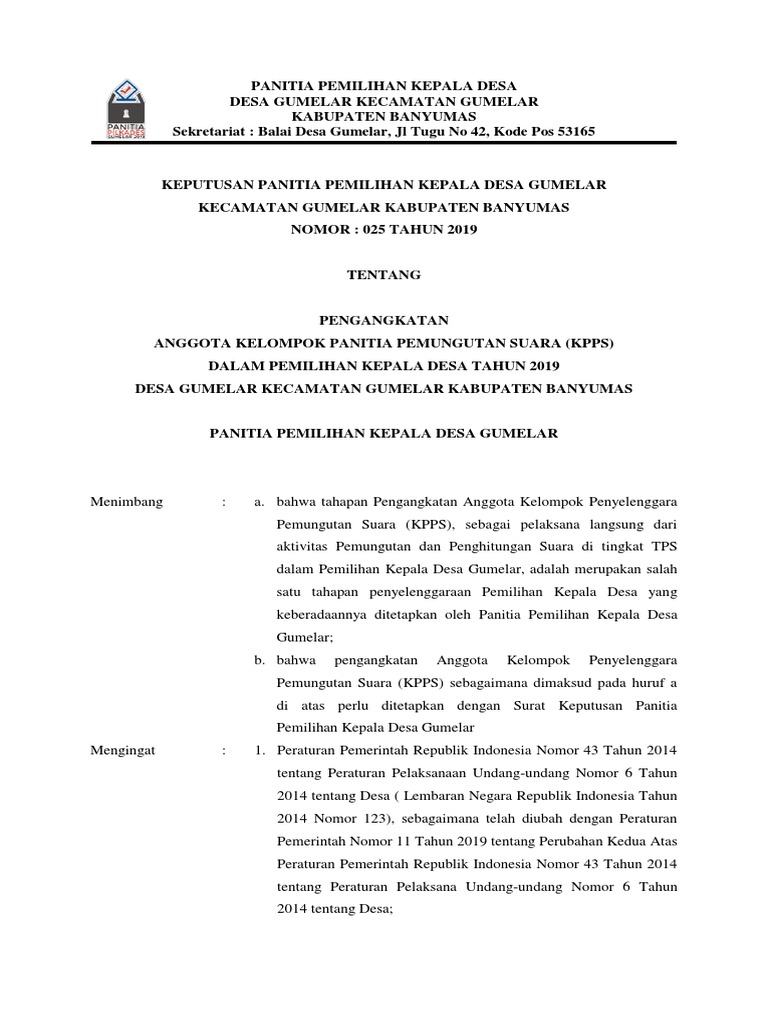SK Kpps Pilkades Desa Gumelar Tahun 2019 | PDF