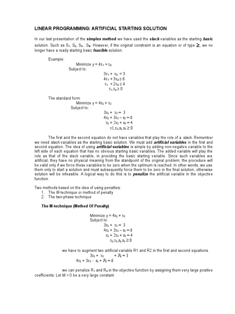 Linear Programming: Artificial Starting Solution: X X X X X X X X X X | PDF | Mathematical ...