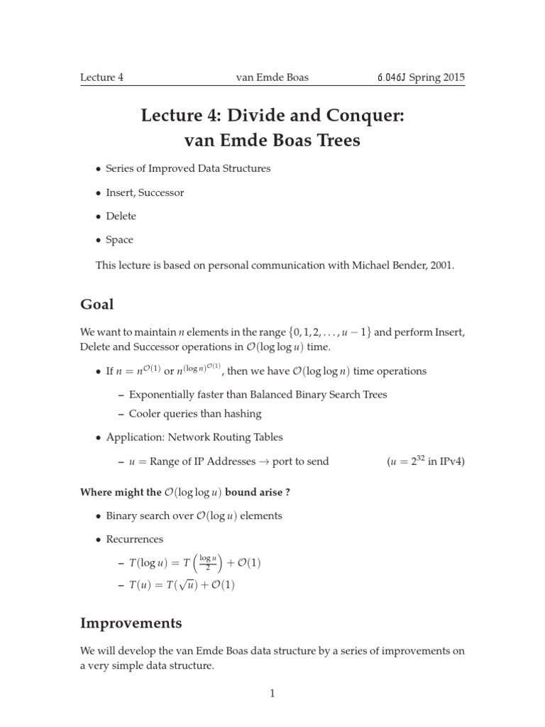Lecture 4: Divide and Conquer: Van Emde Boas Trees | PDF | Array Data Structure | Computer ...