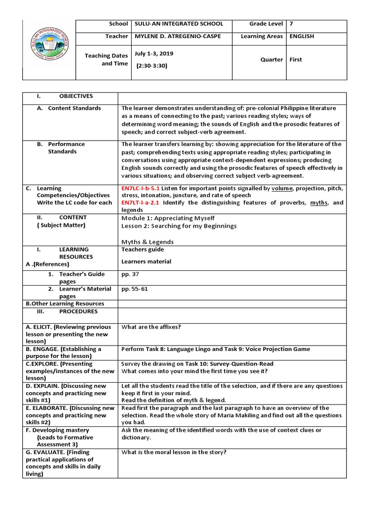 Daily Lesson Log Grade 7 English | PDF | Neuropsychological Assessment ...