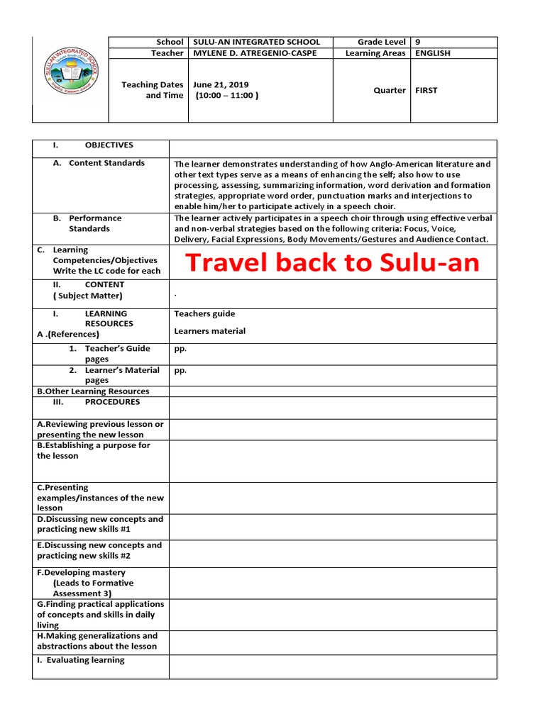 Daily Lesson Log for English Grade 9 | PDF | Educational Assessment ...
