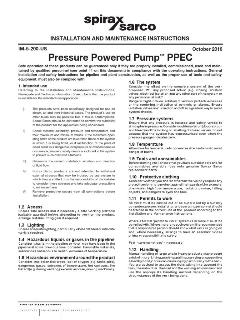 Pressure Powered Pump Ppec: Installation and Maintenance Instructions ...