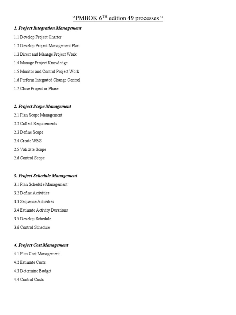 "Pmbok 6 Edition 49 Processes ": 1. Project Integration Management | PDF