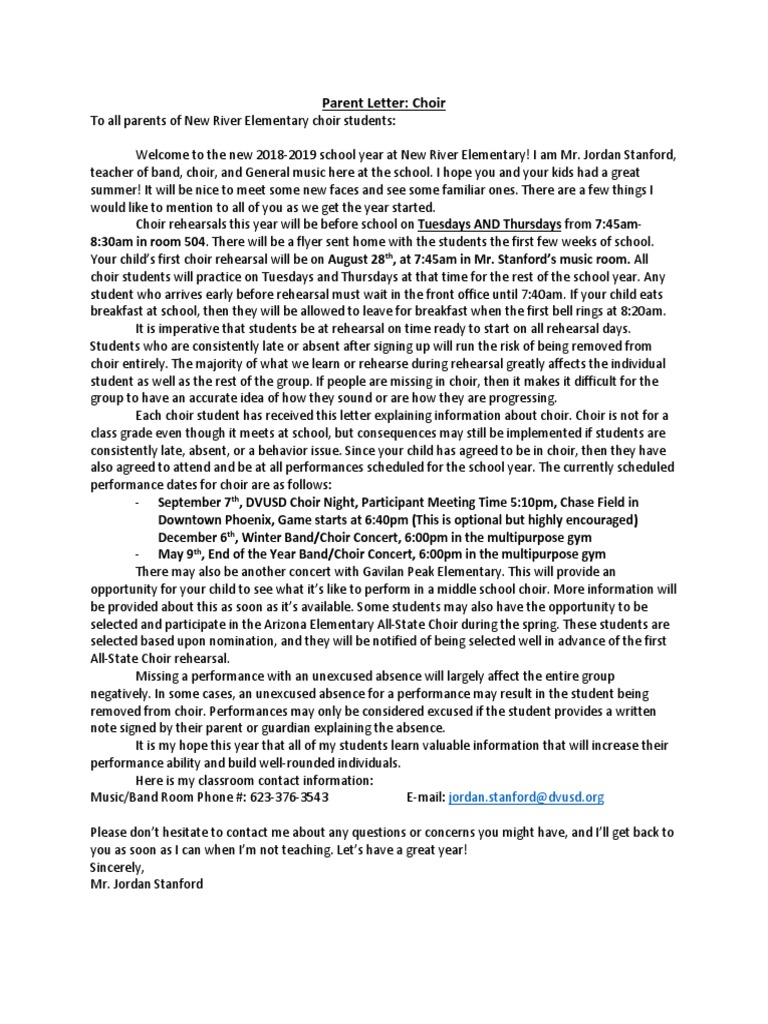 Choir Letter To Parents | PDF | Teaching | Learning