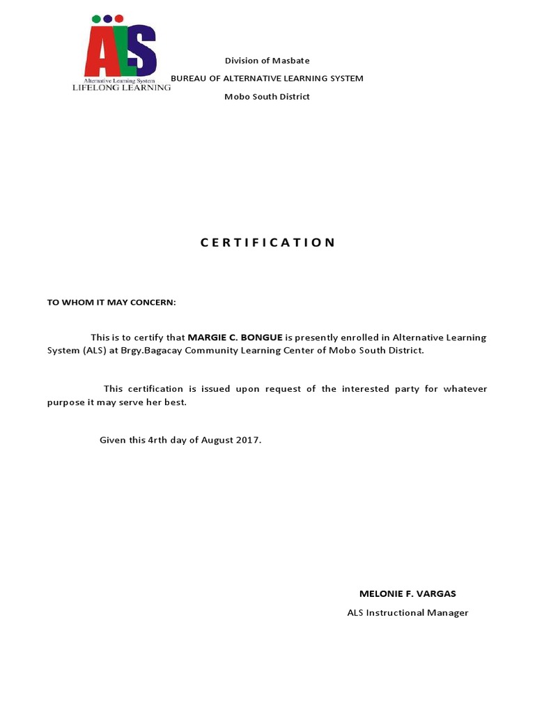 Certification of Enrollment in ALS | PDF