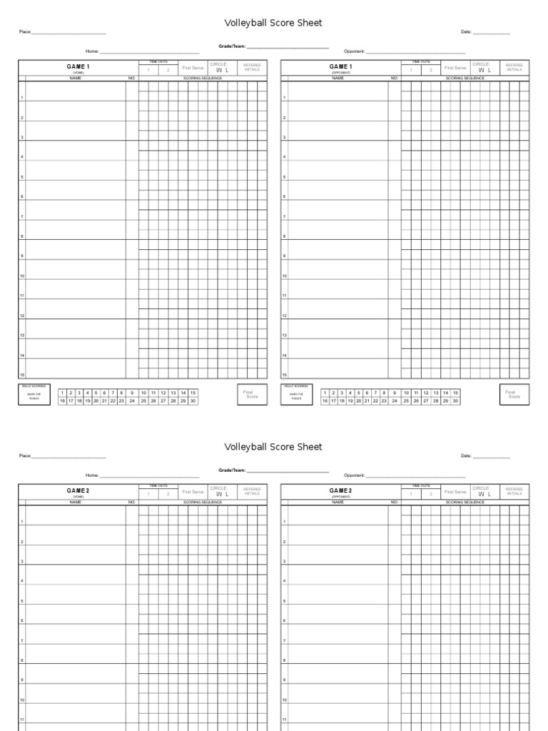 Volleyball Score Sheet: Game 1 Game 1 | PDF | Summer Olympic Sports ...