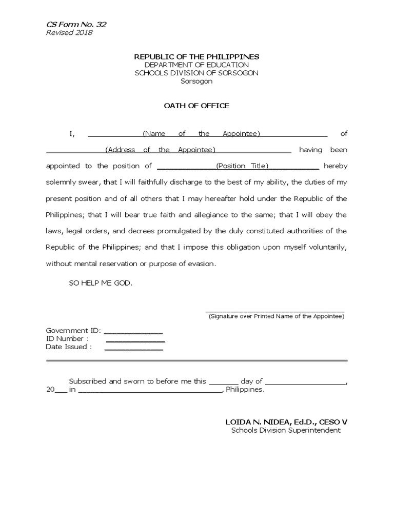 CS Form No. 32 Oath of Office | PDF