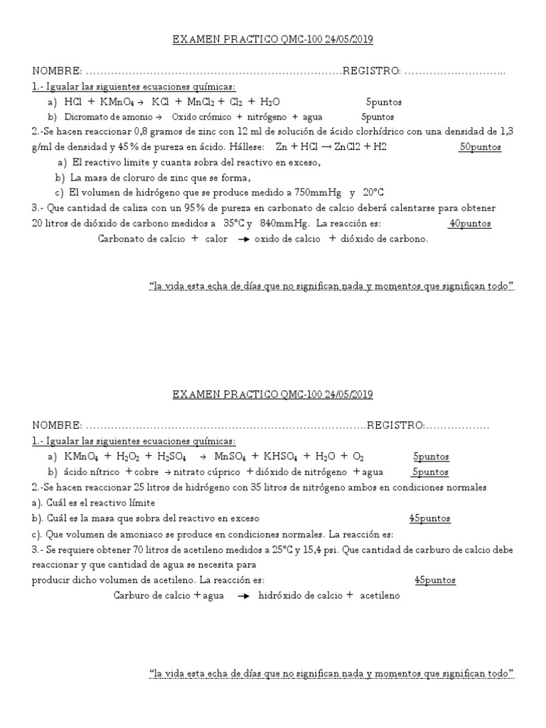 Examen Practico QMC 2019 | PDF | Ácido clorhídrico | Ácido sulfúrico
