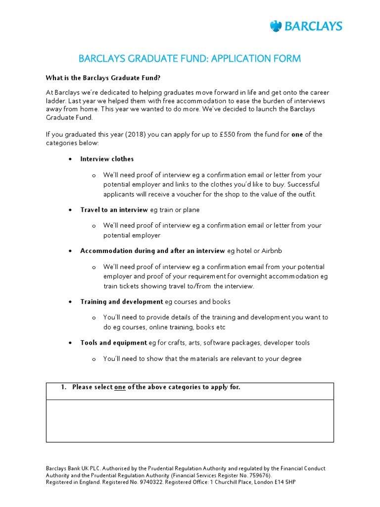 Barclays Graduate Fund: Application Form | PDF | Barclays | United Kingdom