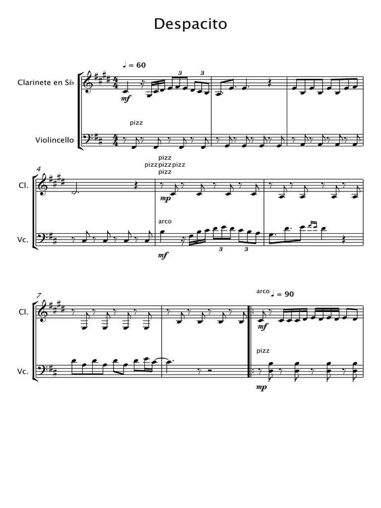 Despacito Clarinet Celo - Partitura Completa | PDF | Ouverture (échecs ...