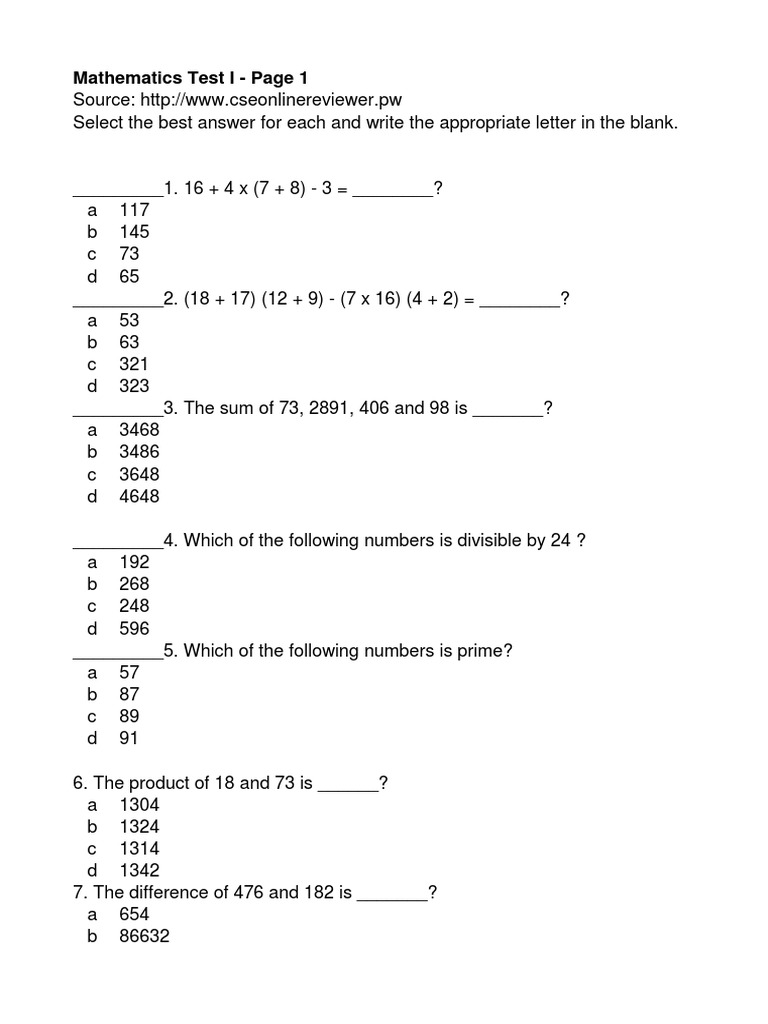 Civil Service Exam Math Sample Questions | PDF | Fraction (Mathematics ...
