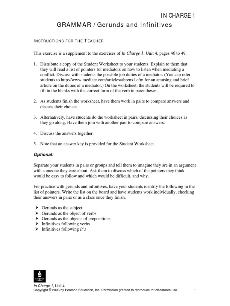 In Charge 1 GRAMMAR / Gerunds and Infinitives: Nstructions For The ...