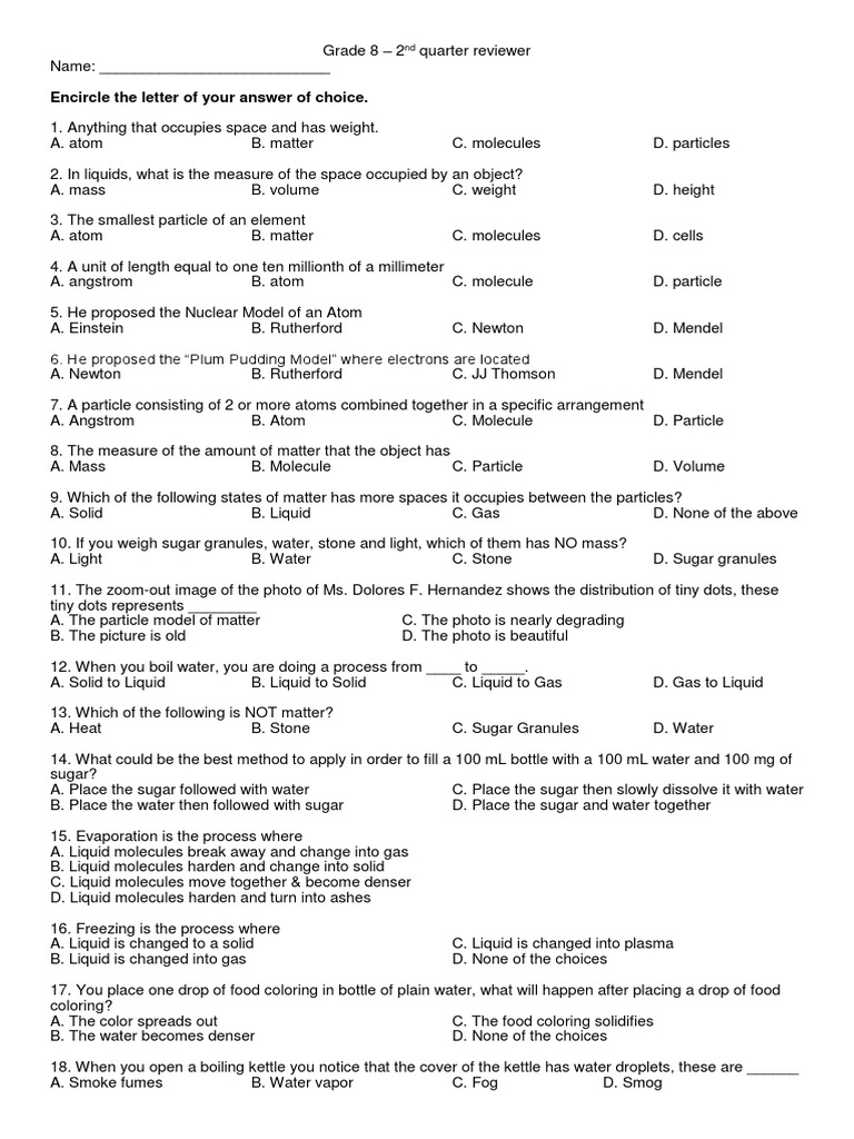Grade 8 - 3rd Quarter Reviewer | PDF | Atoms | Liquids