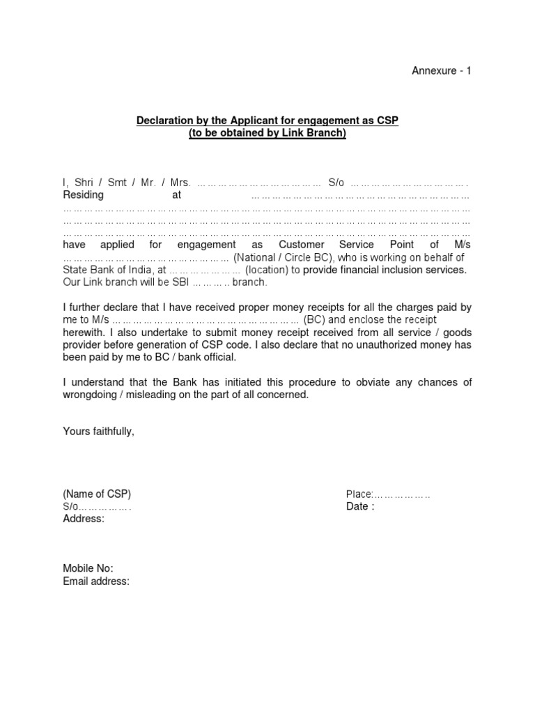 Declaration by The Applicant For Engagement As CSP (To Be Obtained by ...