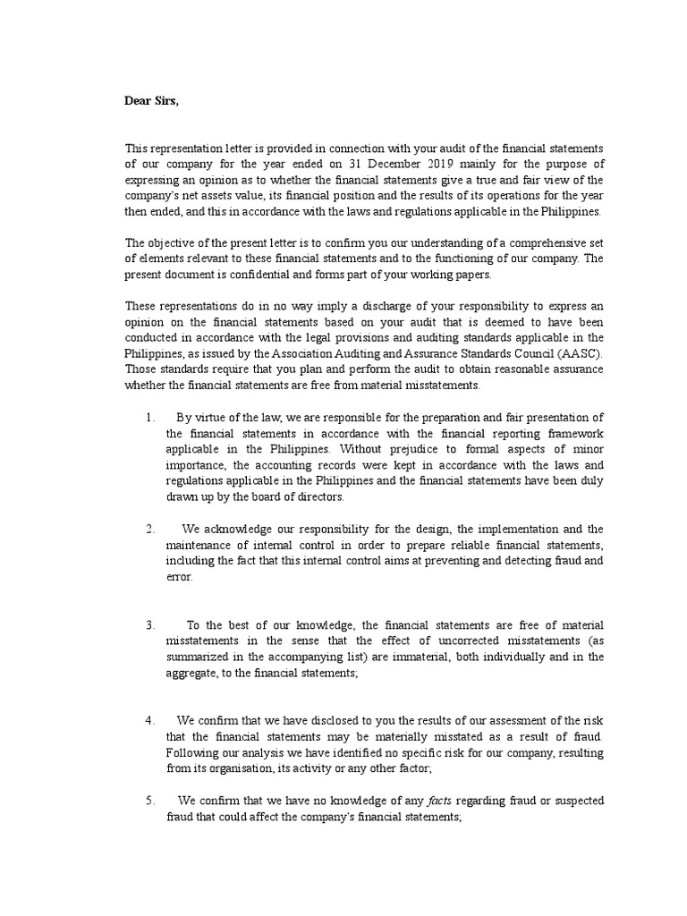 Sample Management Rep Letter | Download Free PDF | Audit | Financial ...