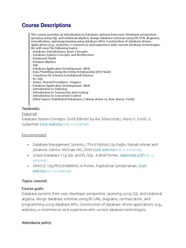Course Descriptions: Book Website | PDF | Relational Database | Databases