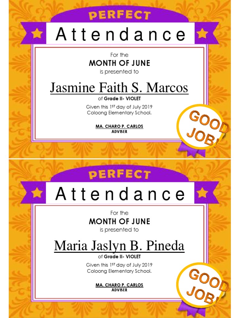 June Attendance Awards - Coloong ES | PDF | Wellness