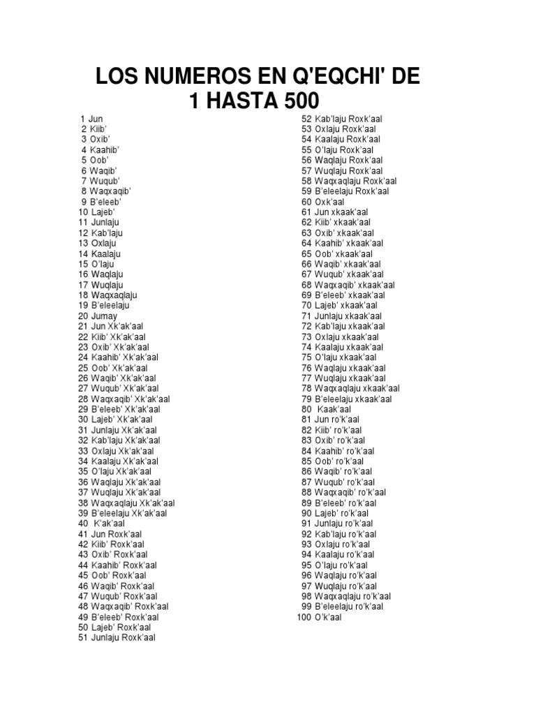 Los Numeros En Qeqchi 1 A 500