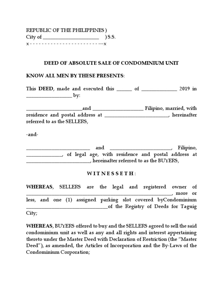 Deed of Absolute Sale of Condominium Unit Know All Men by These ...