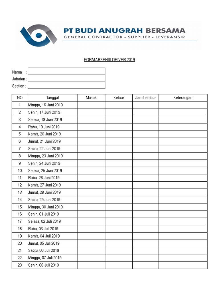 Formulir Absensi Driver 2019 | PDF | Career & Growth | Social Science