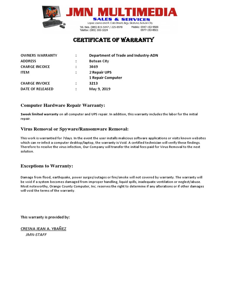 CERTIFICATE OF WARRANTY Repair | PDF