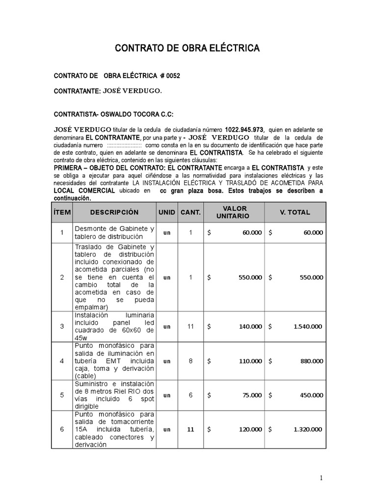 Contrato Obra Eléctrica | PDF | Pagos | Business