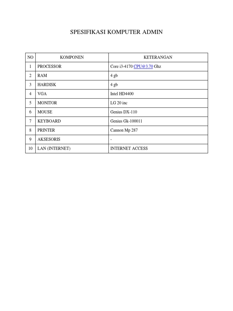 Spesifikasi Komputer Admin | PDF
