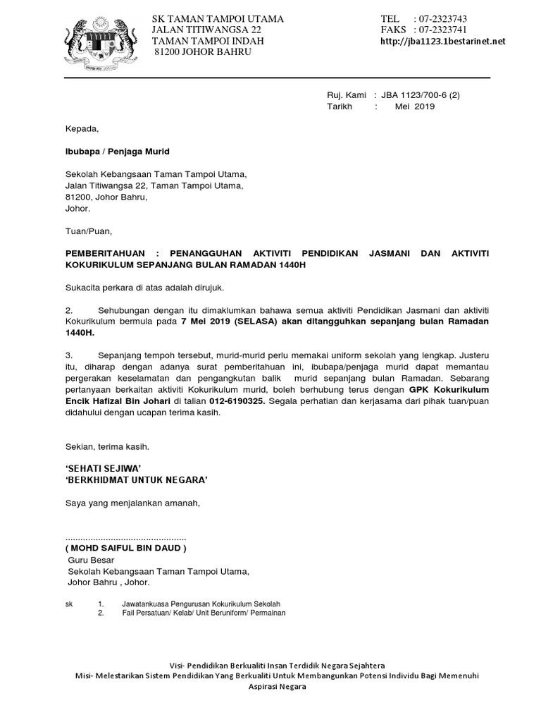 Surat Makluman Tangguh Koku 2019 Kepada Parents | PDF