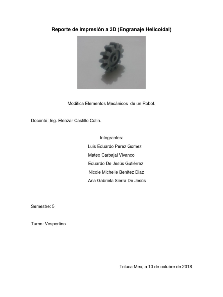 Reporte de Impresión A 3D | PDF | Engranaje | Science