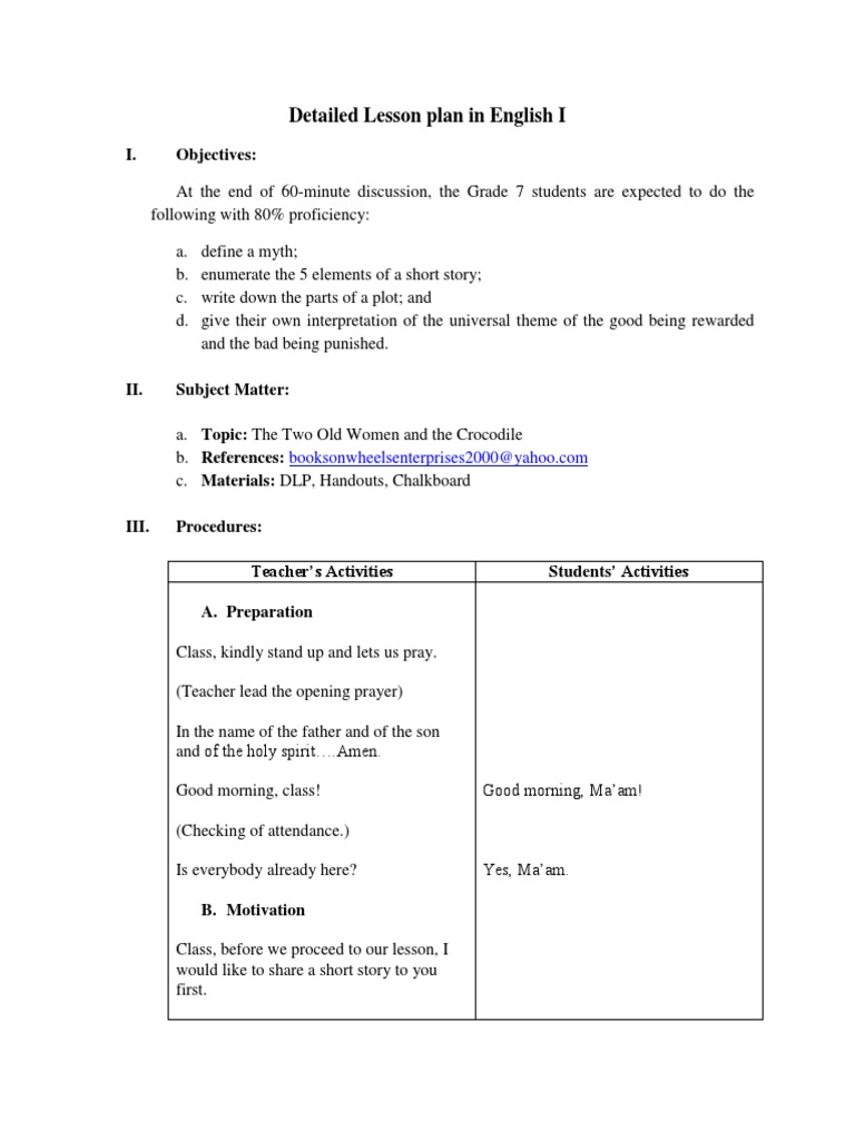 Detailed Lesson Plan in English I | PDF | Traditional Stories | Plot ...