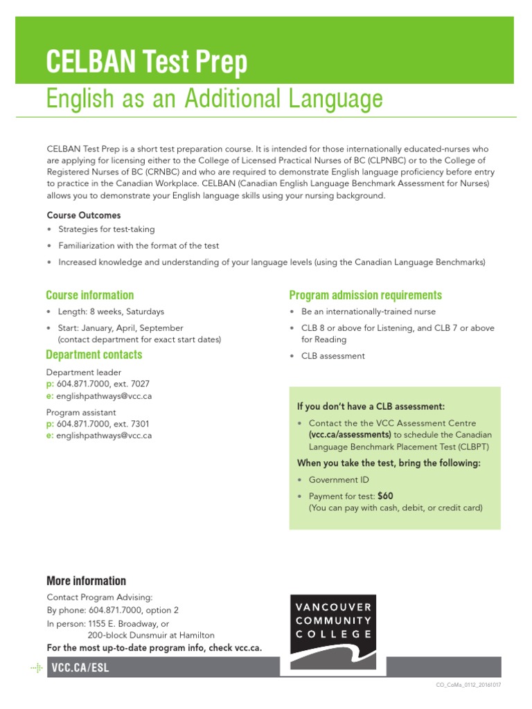 CELBAN Test Prep: English As An Additional Language | PDF