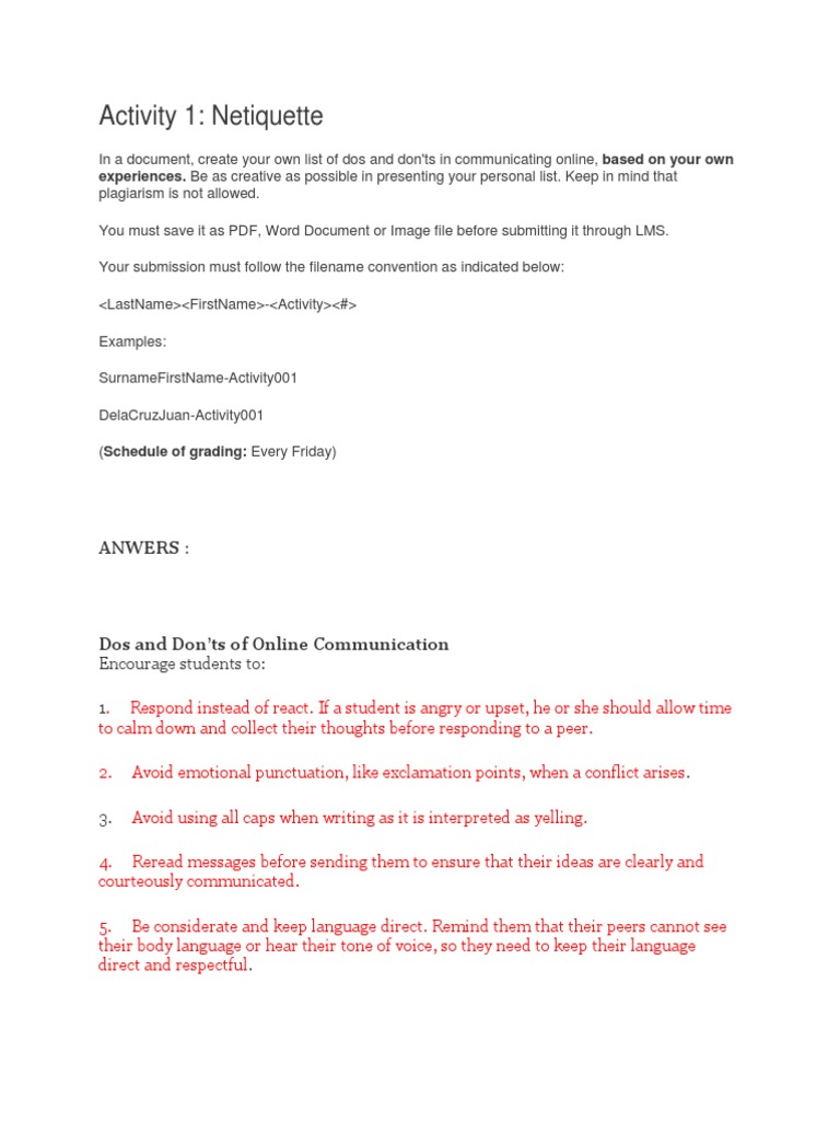 Week 7 Long Quiz Activity 1 Netiquette | PDF | Online Chat | Social ...
