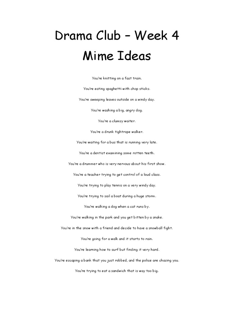 Drama Club Mime Ideas Week 4 | PDF