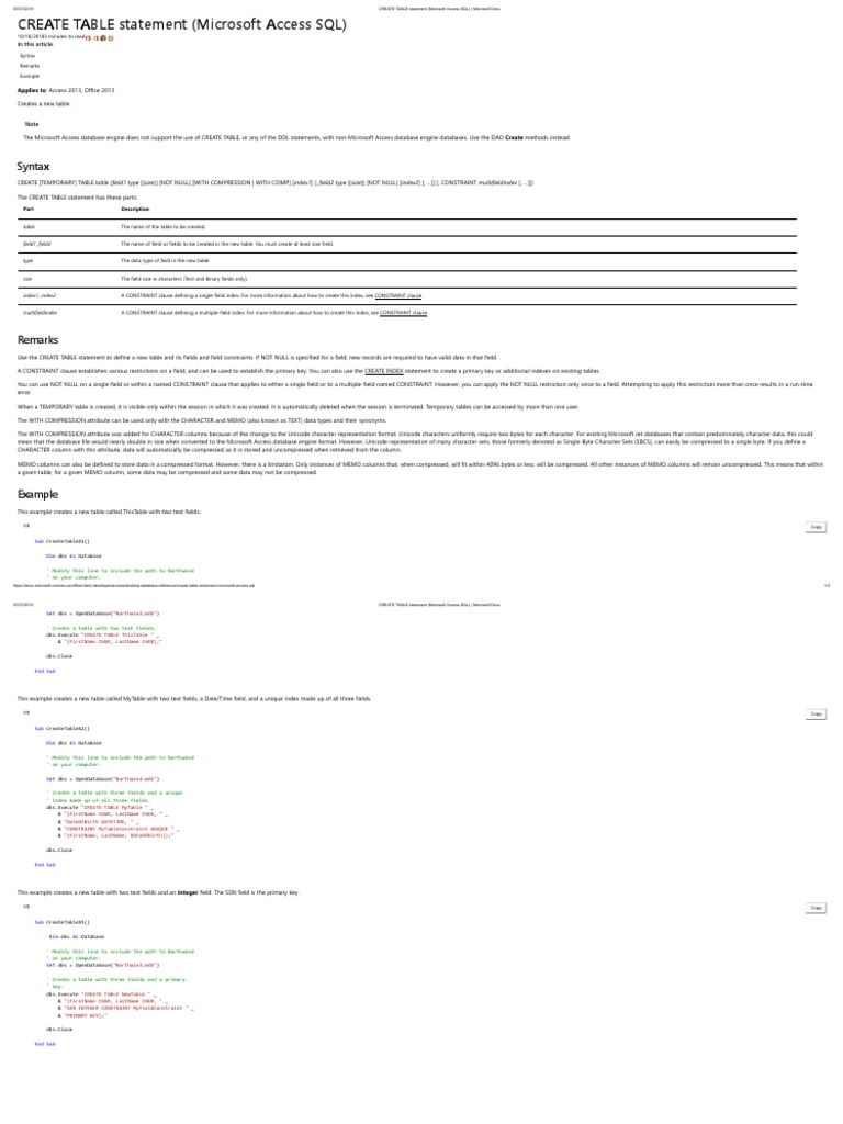 CREATE TABLE Statement (Microsoft Access SQL) - Microsoft Docs PDF ...