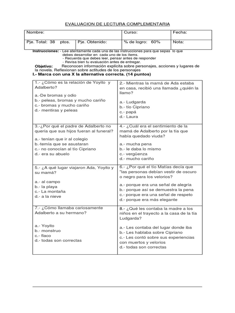 Prueba de Comprensión Lectora Ada, Madrina y Otros Seres