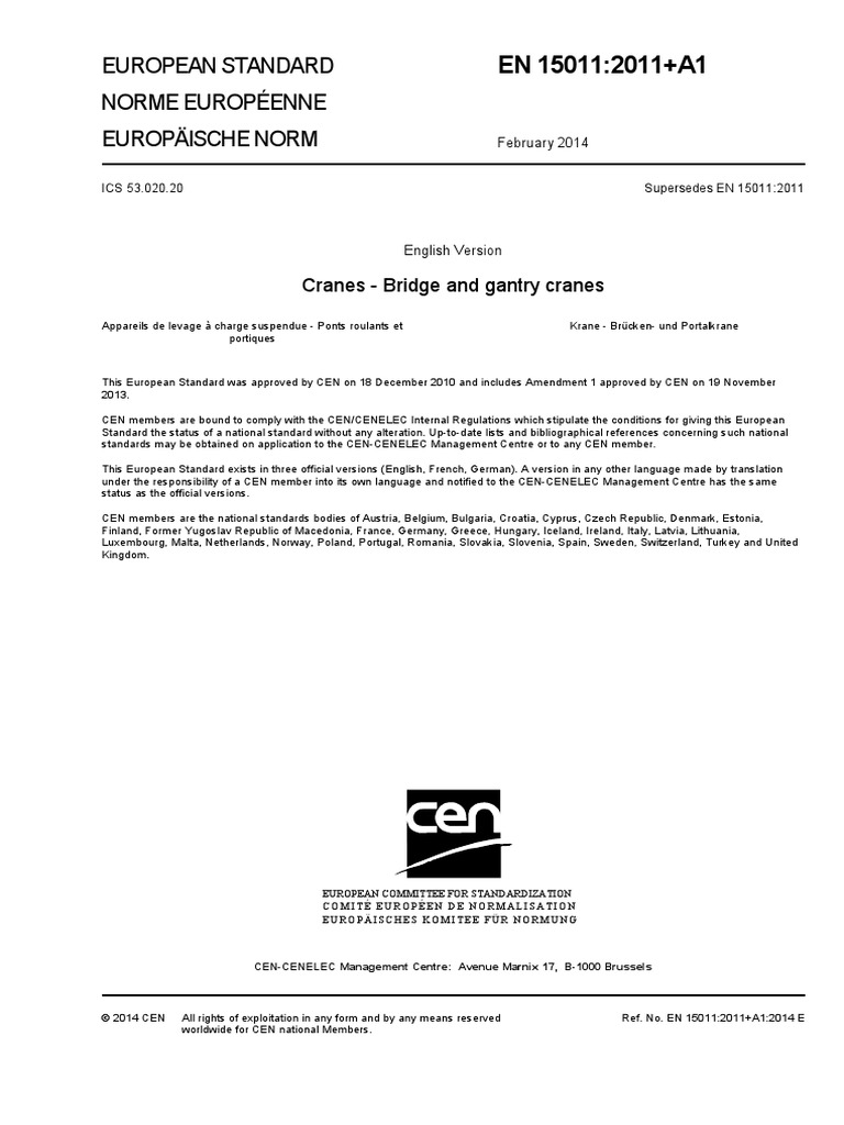 EN 15011 2011 A1 2014 en Bridge and Gantry Cranes PDF | PDF | Crane ...