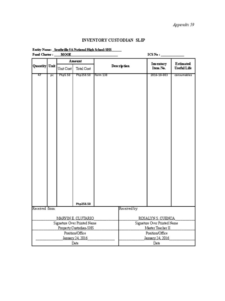 Appendix-59-INVENTORY CUSTODIAN SLIP | Download Free PDF | Supply Chain ...