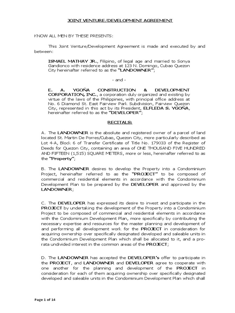 Joint Venture Agreement for Condominium Project | PDF | Security ...