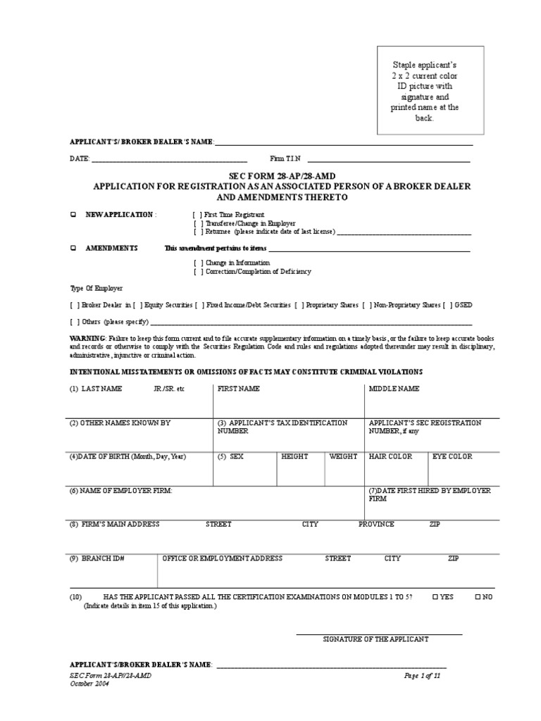 SEC FORM 28-AP/28-AMD Application For Registration As An Associated ...