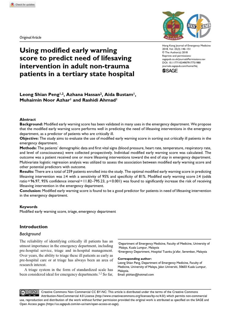 Using Modified Early Warning Score To Predict Need of Lifesaving ...