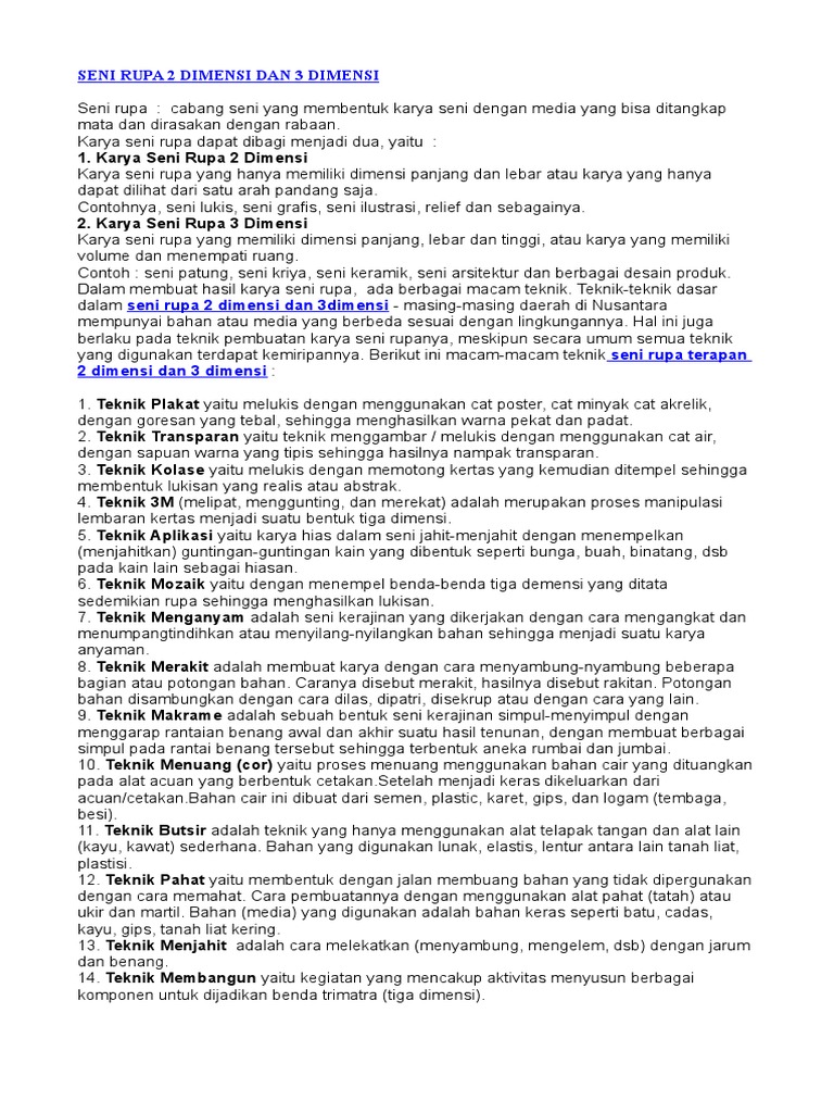 Tehnik SENI RUPA 2 DIMENSI DAN 3 DIMENSI & Reklame | PDF | Seni