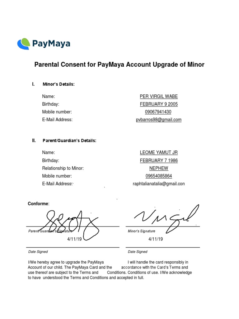 Parental Consent For Paymaya Account Upgrade of Minor: I. Minor'S ...