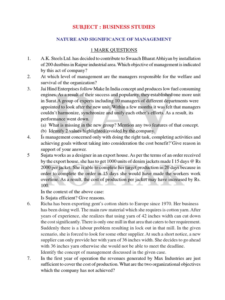 Question Bank Business Studies | PDF | Employment | Leadership