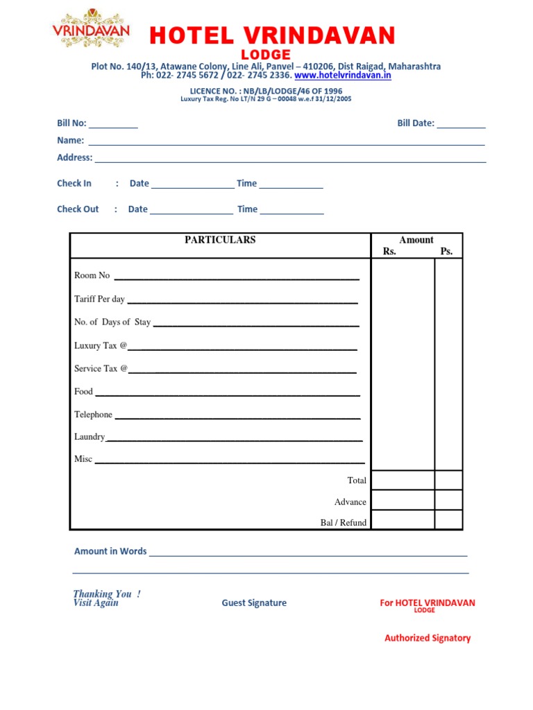 Hotel Bill Format for Vrindavan Lodge | PDF