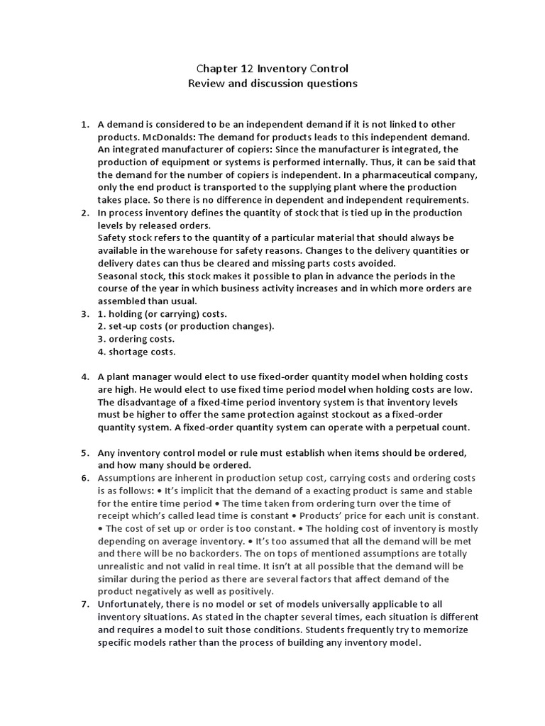 Chapter 12 Inventory Control Review and Discussion Questions | PDF ...