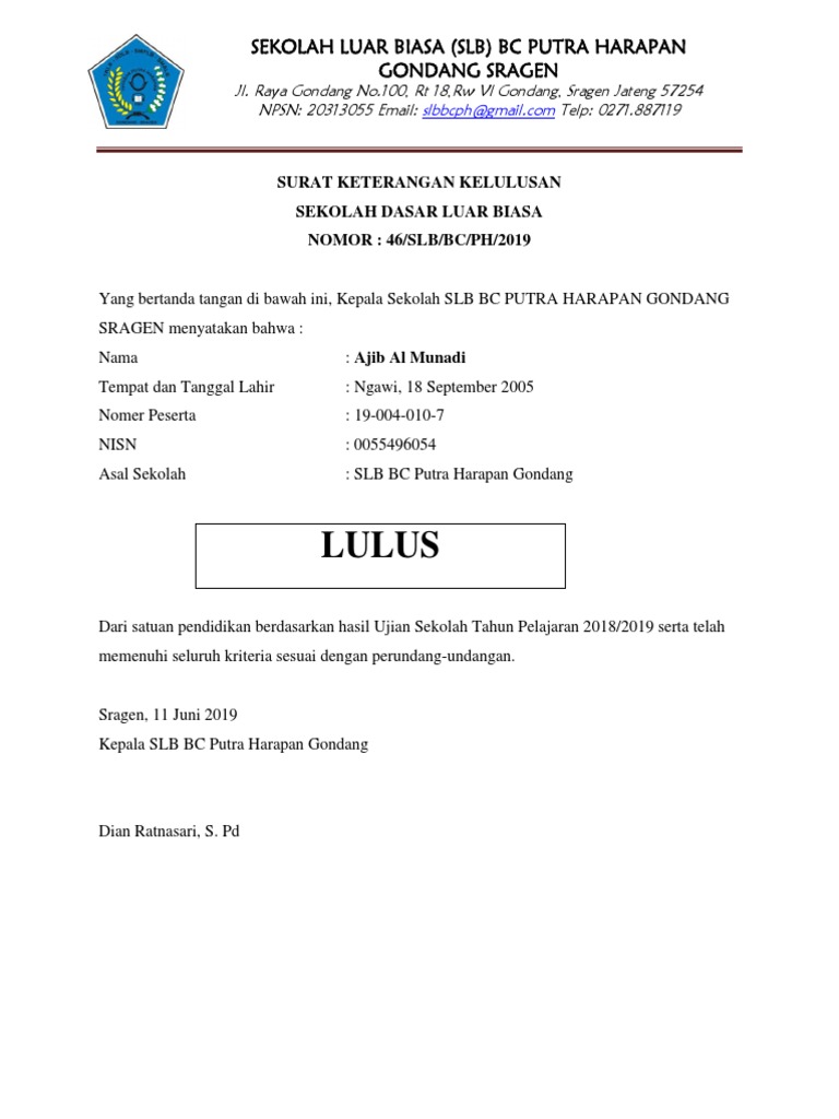 Surat Keterangan Kelulusan SD 2019 | PDF