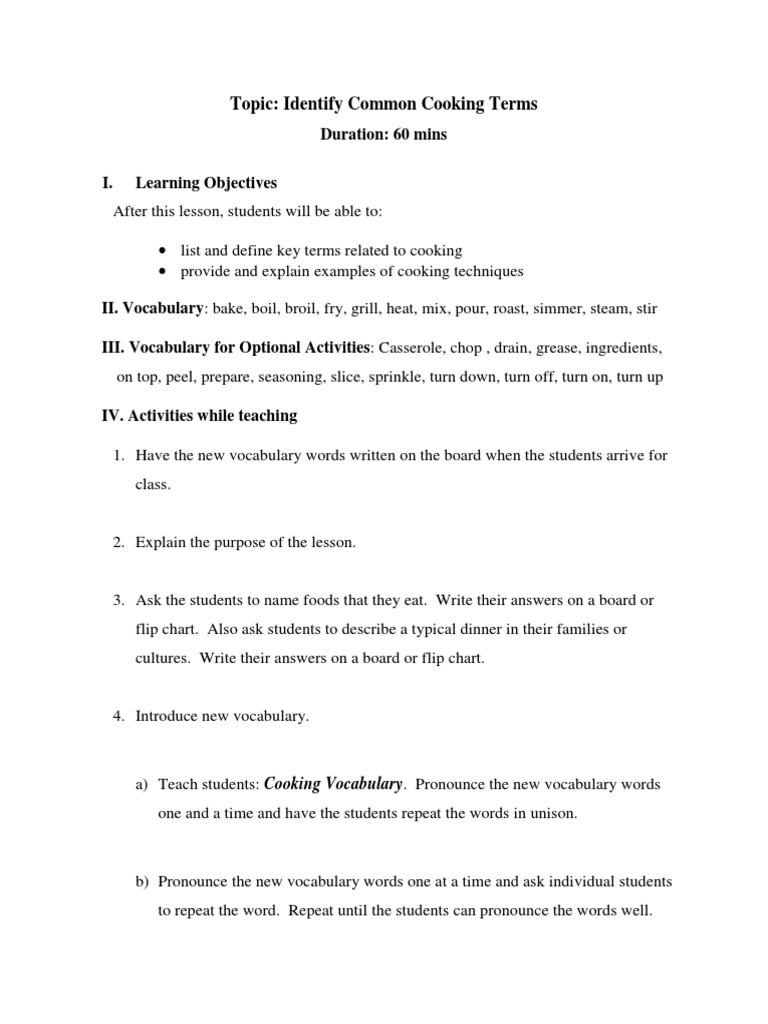 Topic: Identify Common Cooking Terms: Duration: 60 Mins | PDF | Cooking ...